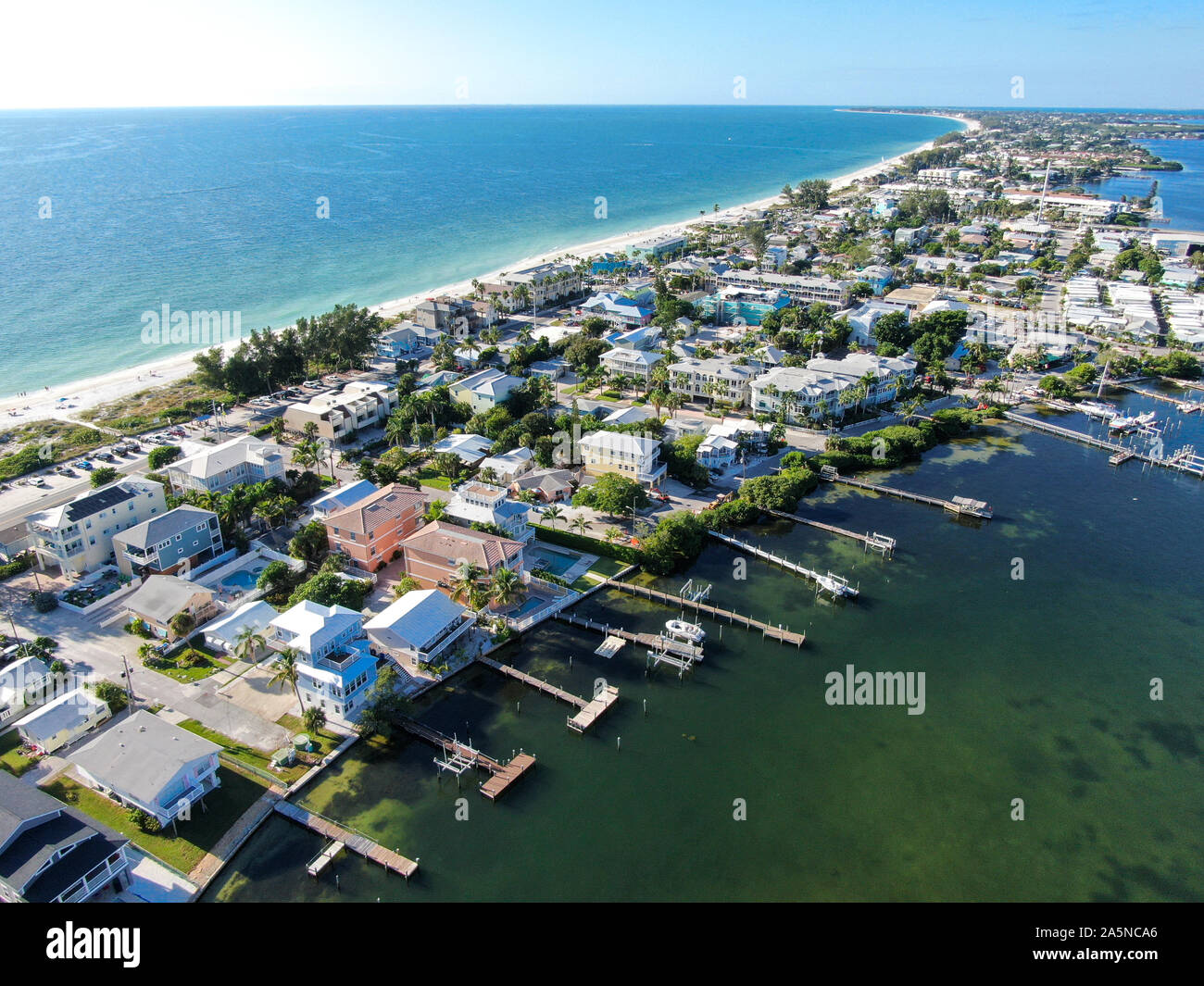 Aerial view of Anna Maria Island town and beaches, barrier island on ...