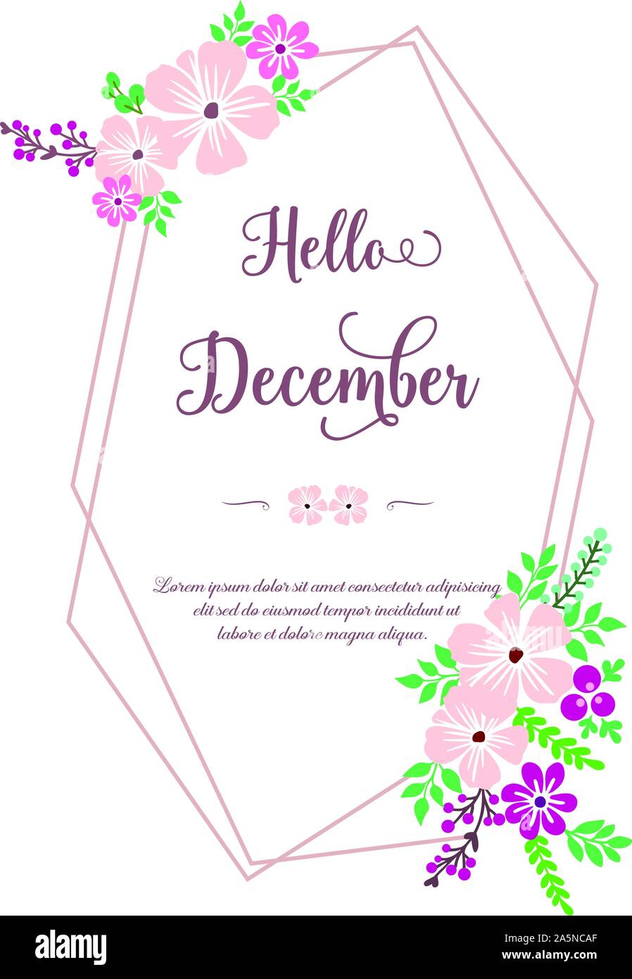 Text hello december, with modern leaf floral frame, isolated on white ...
