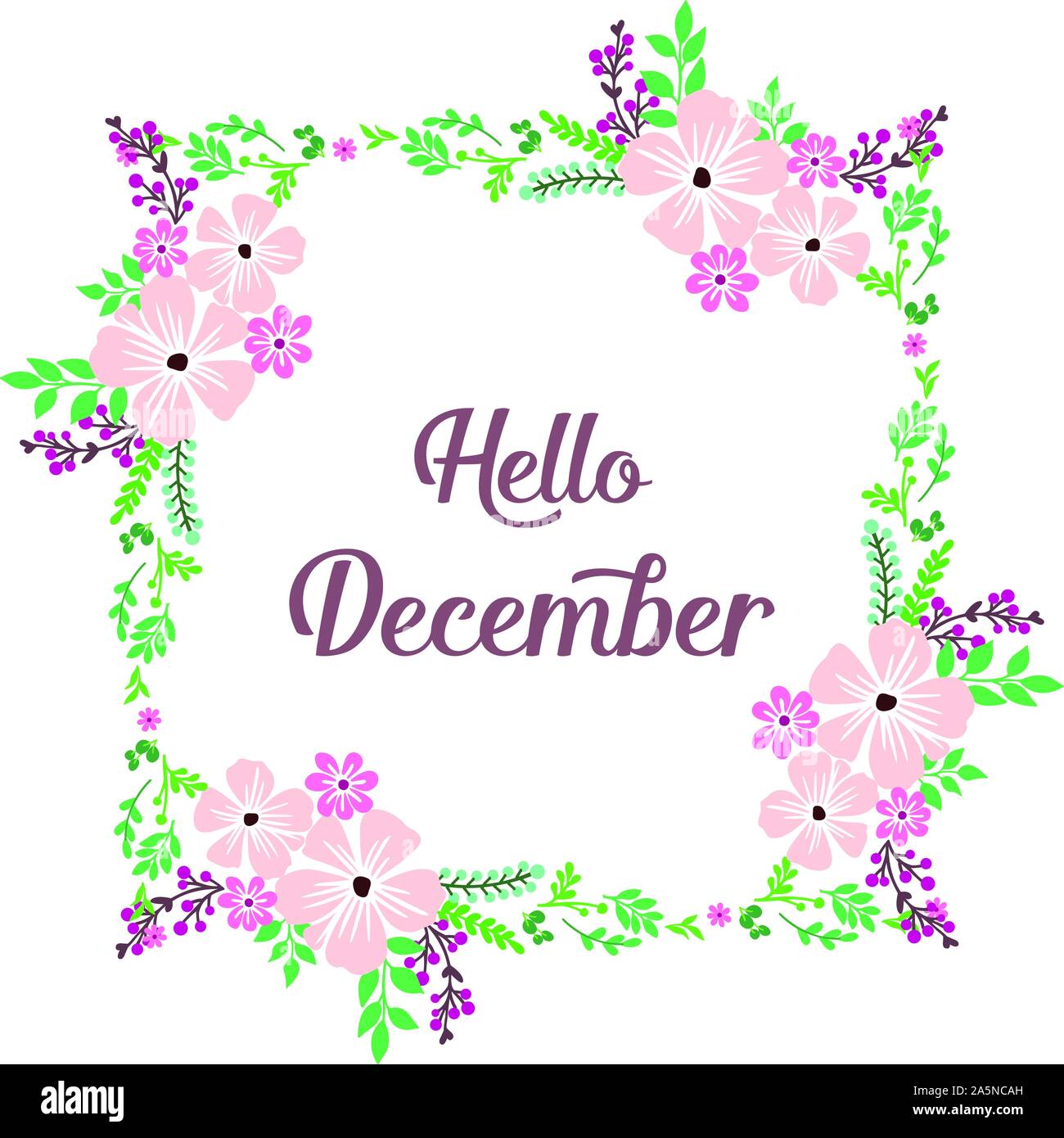Lettering text of hello december, with design artwork green leafy ...