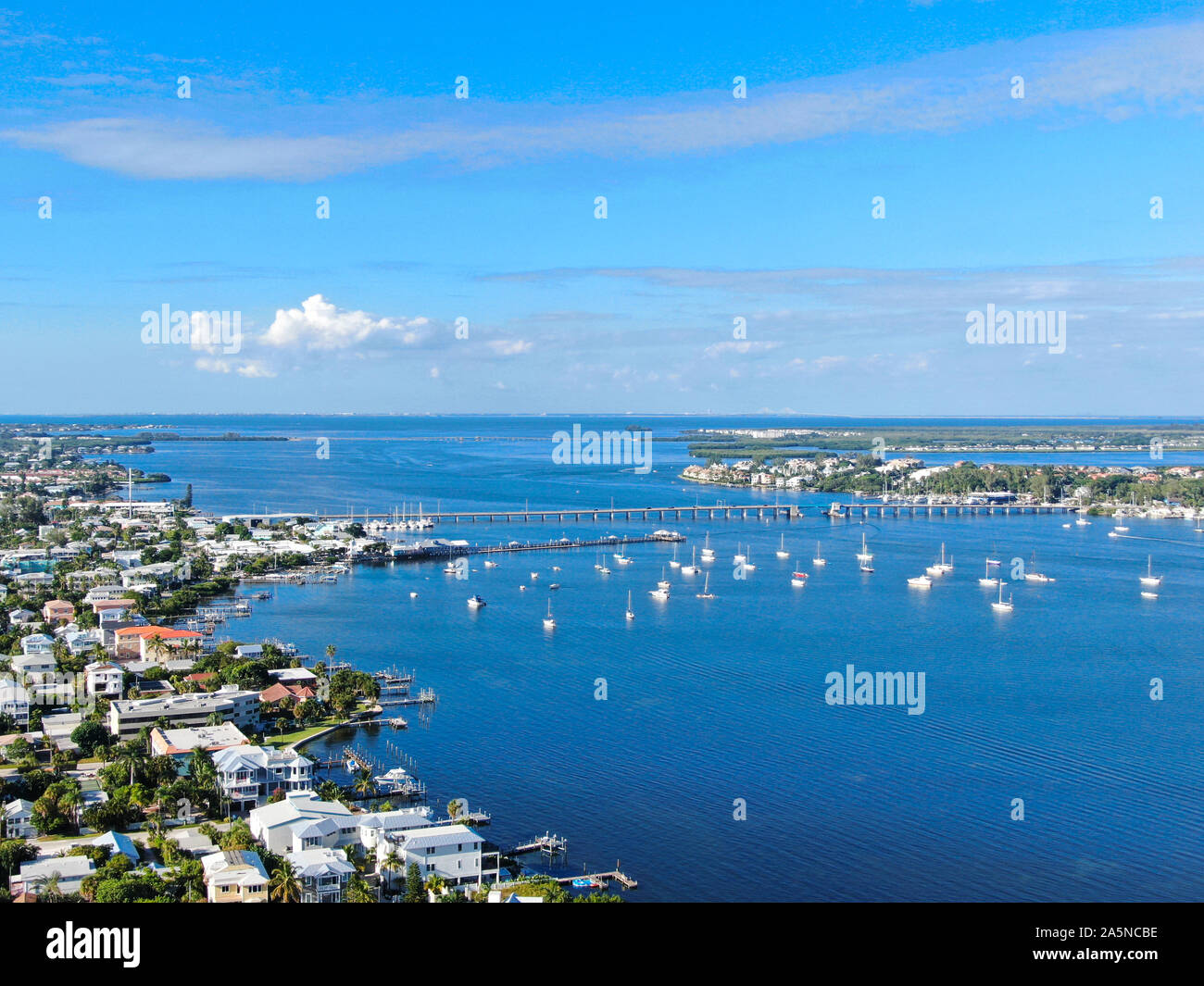 Aerial view of Anna Maria Island town and beaches, barrier island on ...