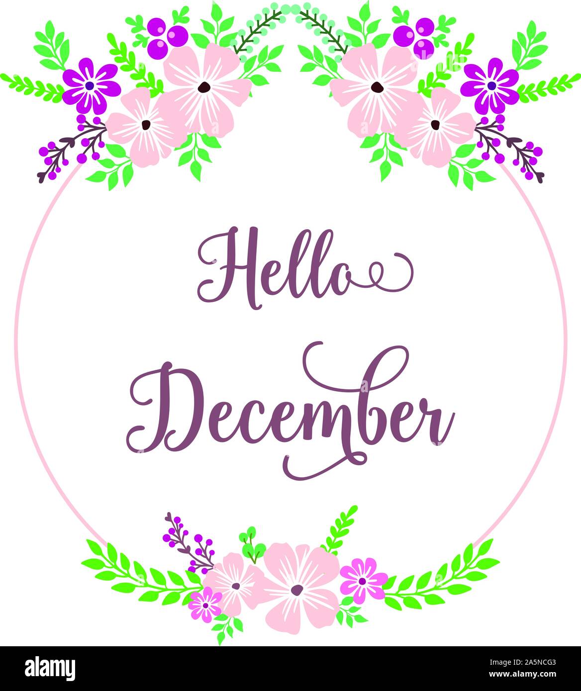 Lettering text of hello december, with design artwork green leafy ...