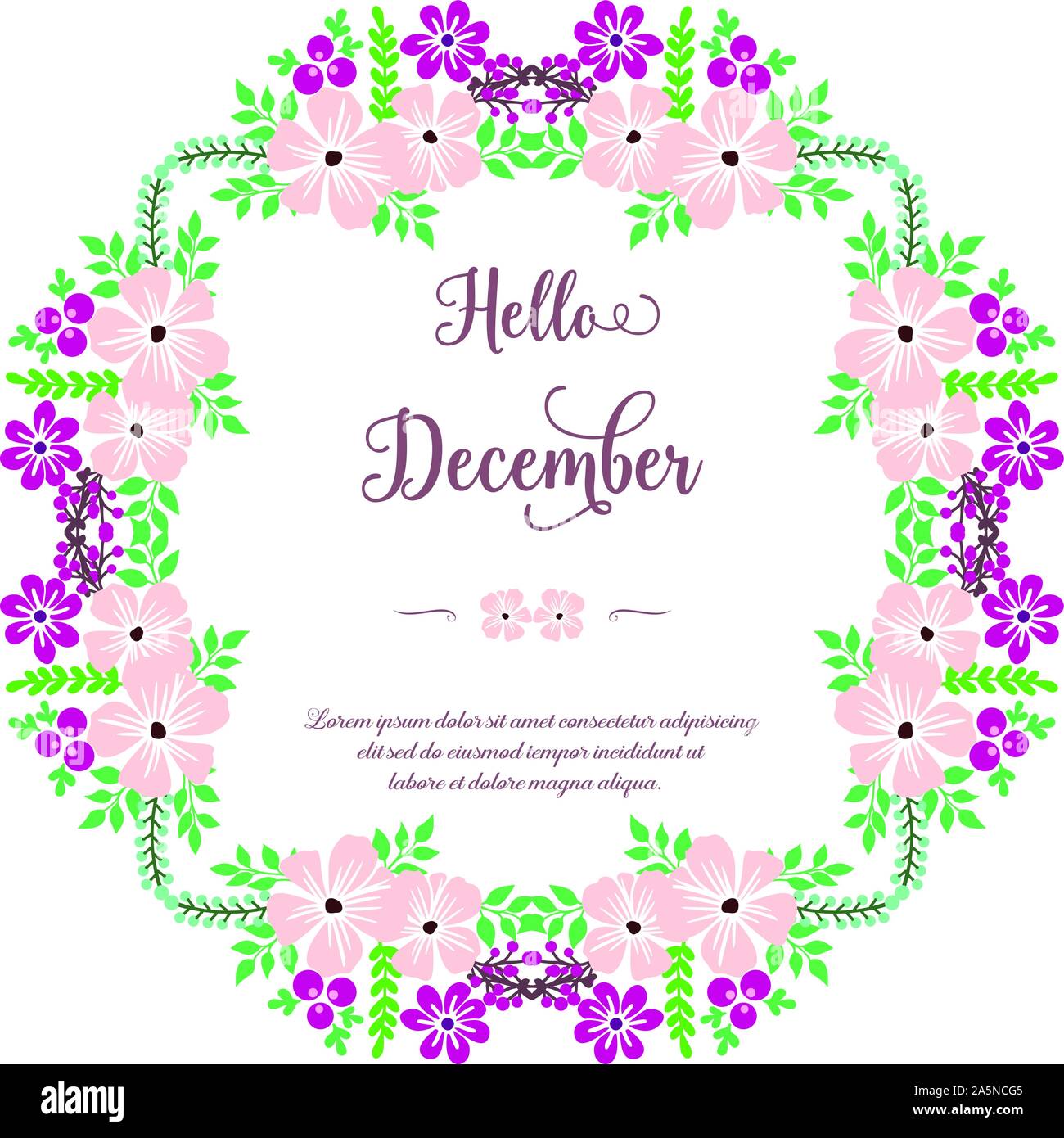 Lettering text of hello december, with design artwork green leafy ...