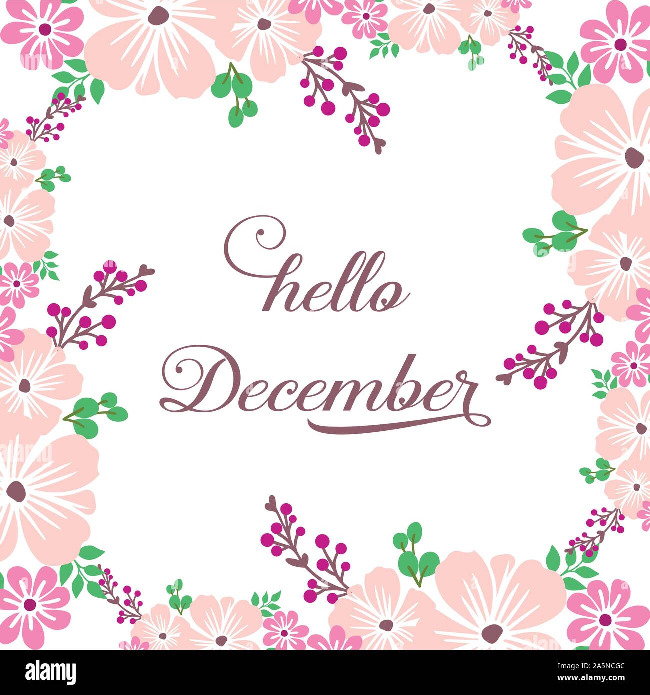 Lettering text of hello december, with design artwork green leafy ...