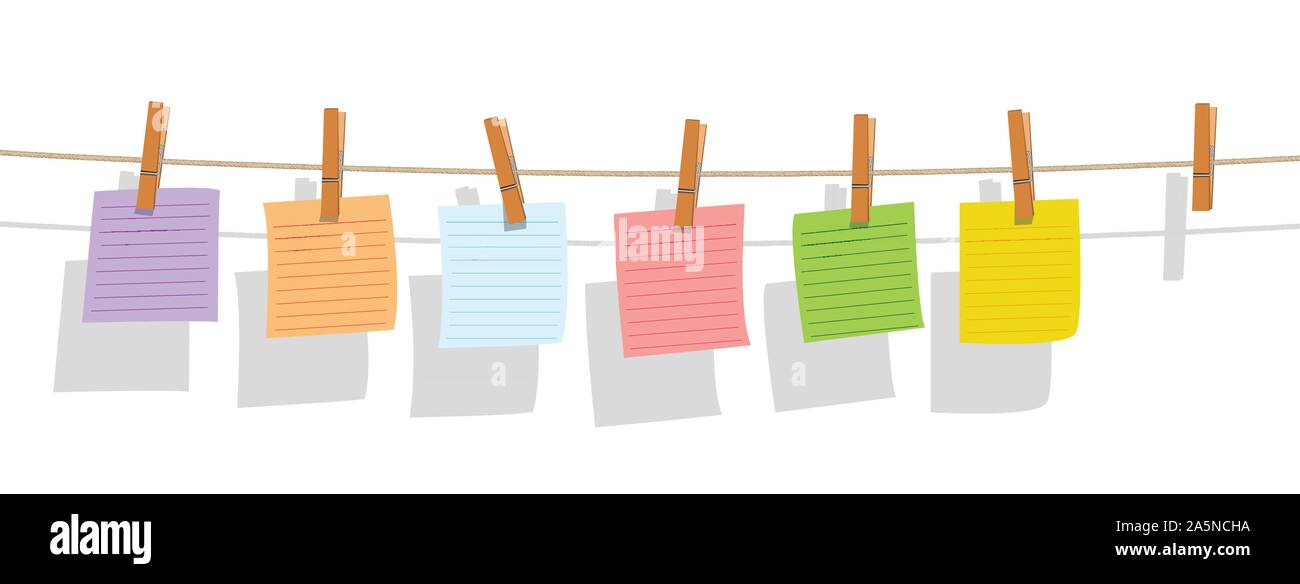 colorful note paper hanging on burlap rope with wood wood clip on white ...