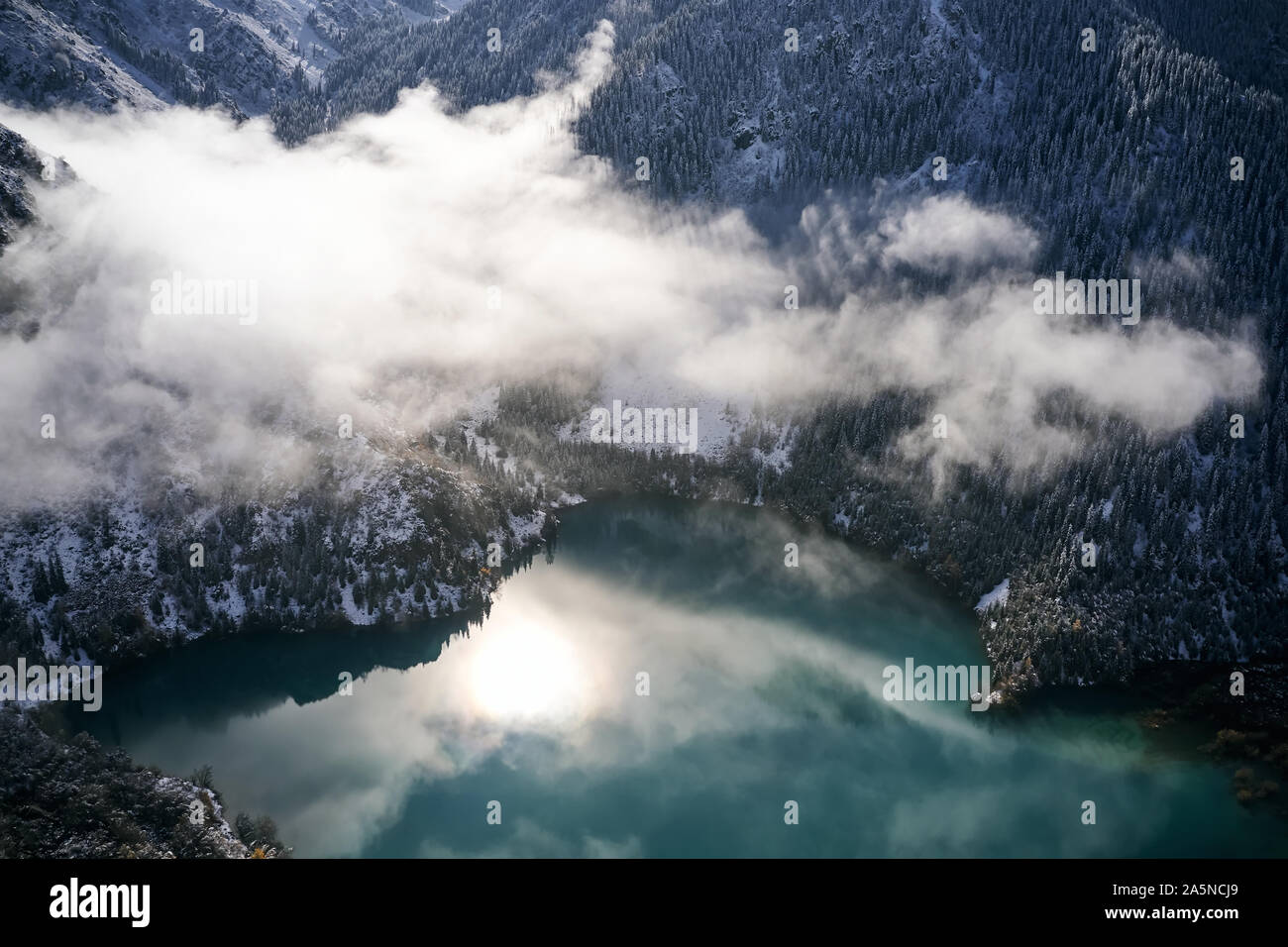 Aerial view of scenic winter landscape at Issyk Lake, Almaty ...