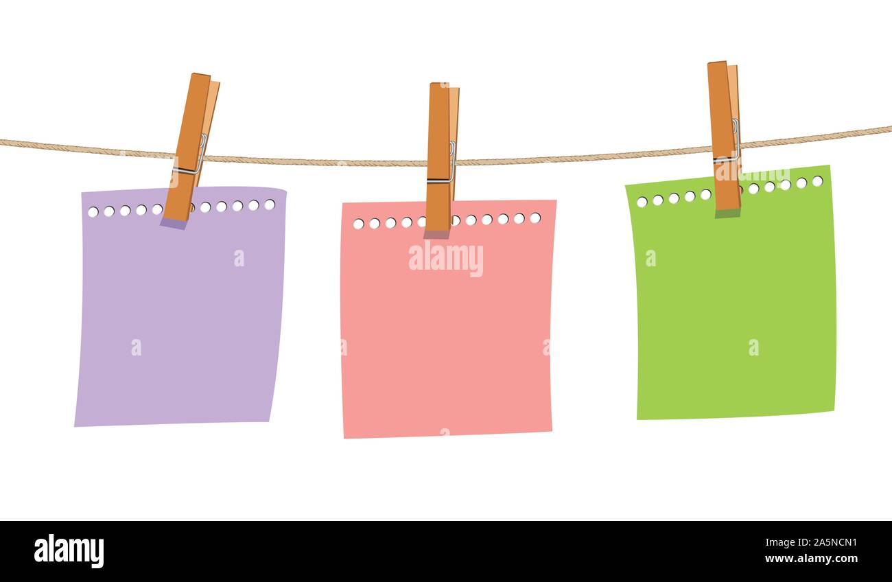 blank note paper hanging on rope with wood clip on white background ...