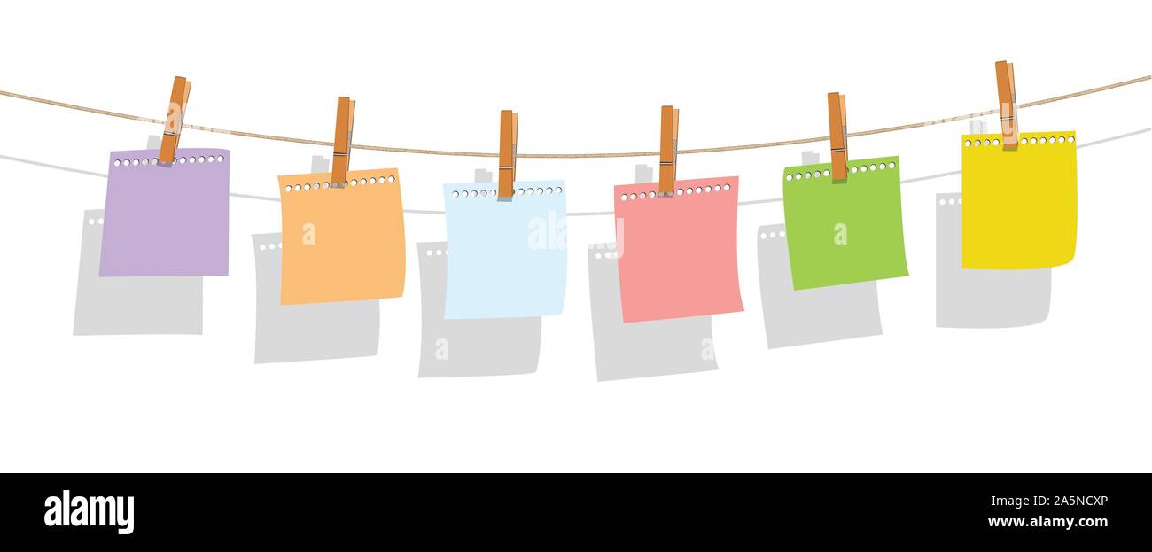 colorful note paper hanging on burlap rope with wood wood clip on white ...