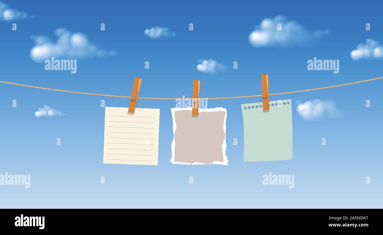 note paper hanging on rope with wood clip and blue sky background ...