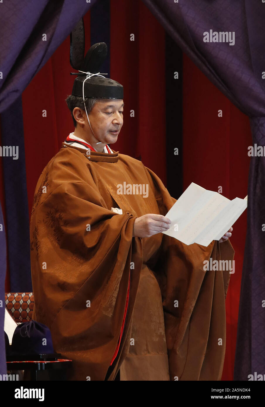 Tokyo, Japan. 22nd Oct, 2019. Japanese Emperor Naruhito delivers a ...