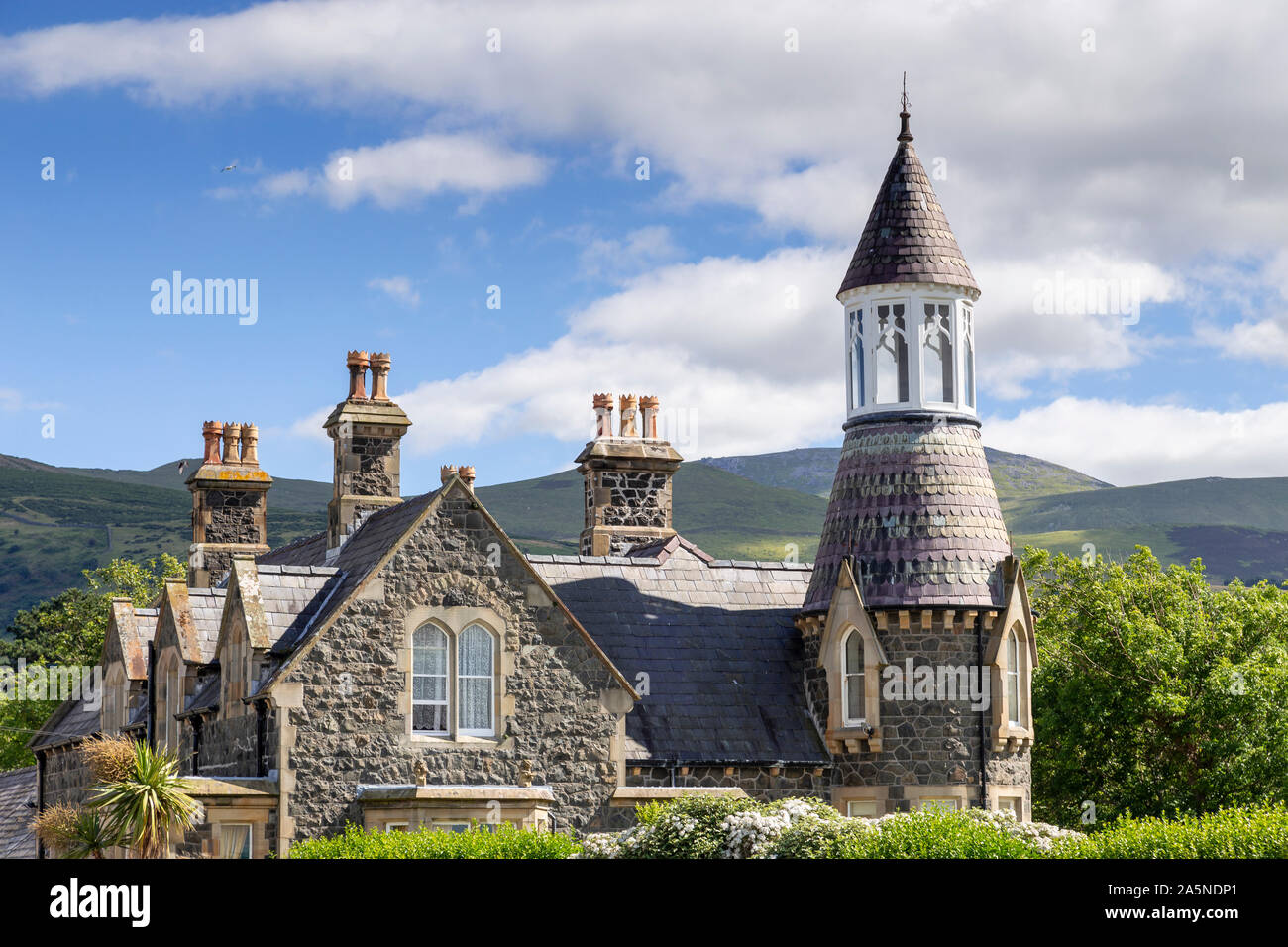Old building with turret tower at Llanfairfechan, North Wales Stock ...
