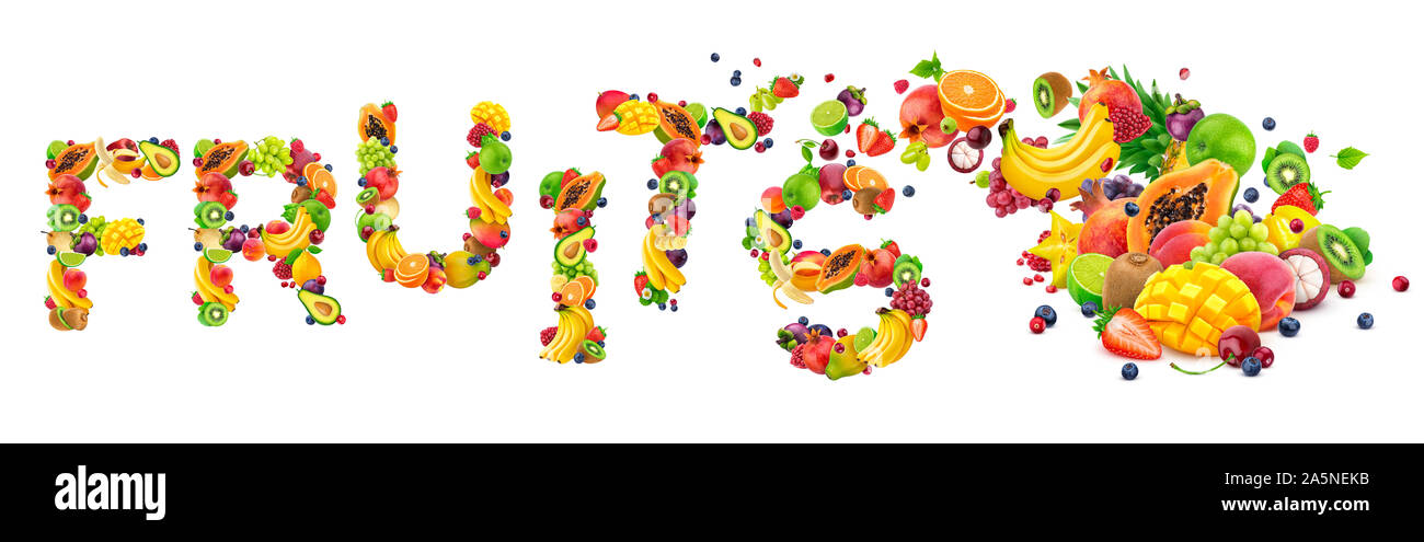 Word FRUITS made of different fruits and berries Stock Photo - Alamy