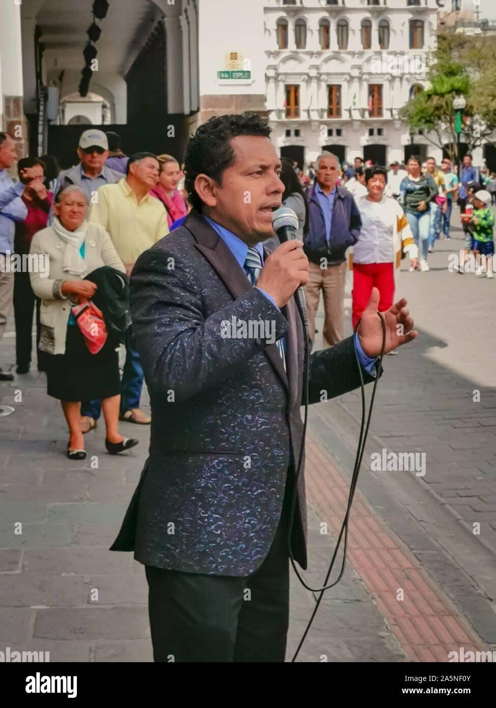 Quito, Ecuador, September 29, 2019: Local singer at the historic centre ...