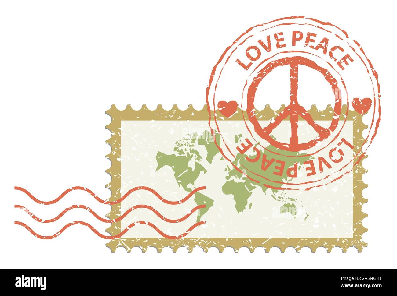 World peace concept, world map in stamp post with peace sign rubber ...