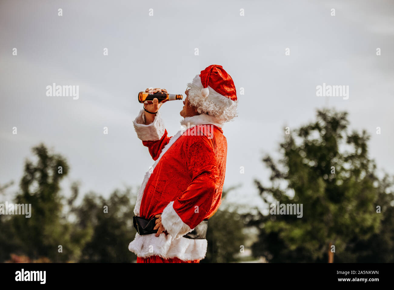 Stock photo of Profile of santa claus without beard drinking a beer ...