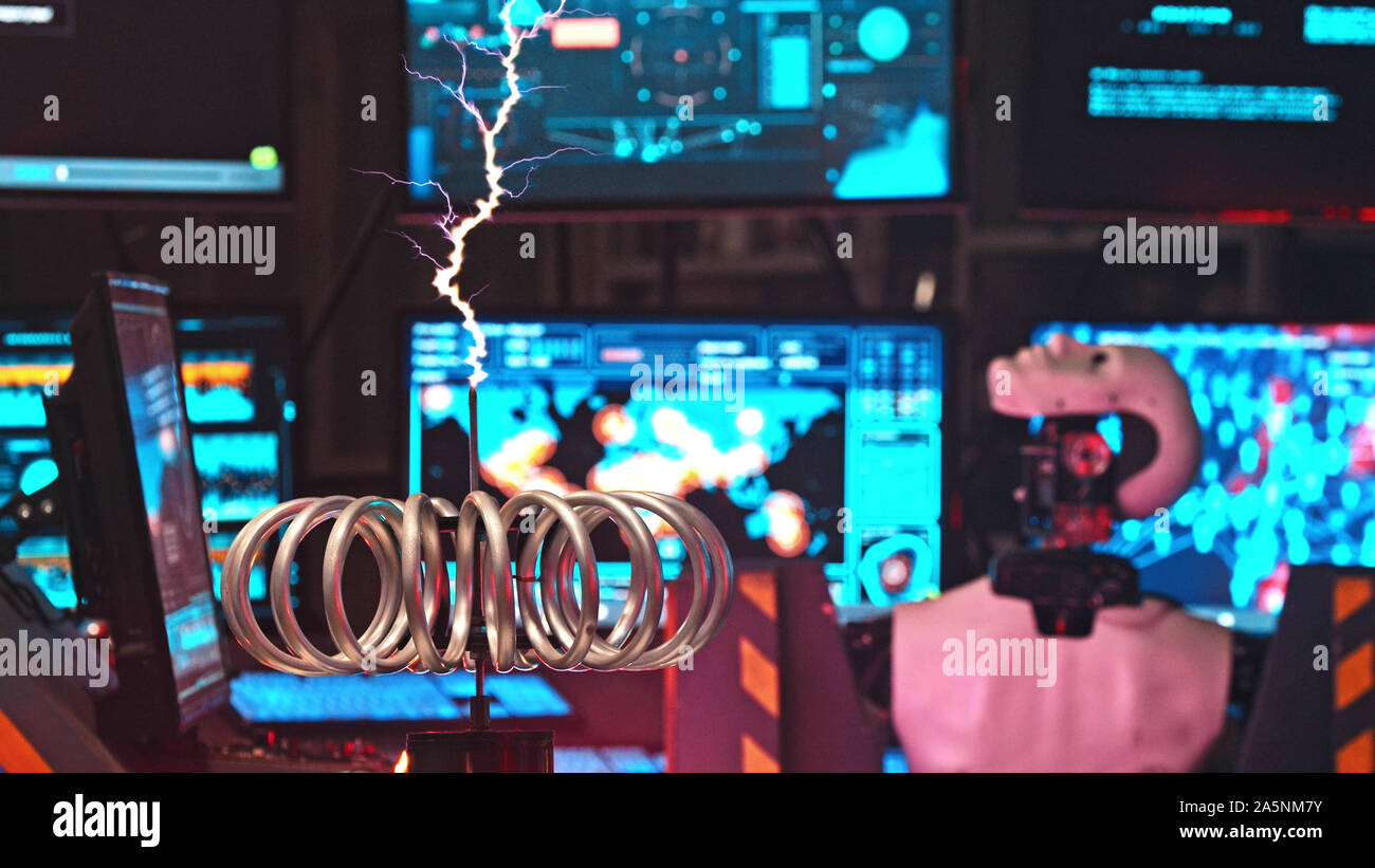 Electric spring with lightnings in the background robot is looking up ...