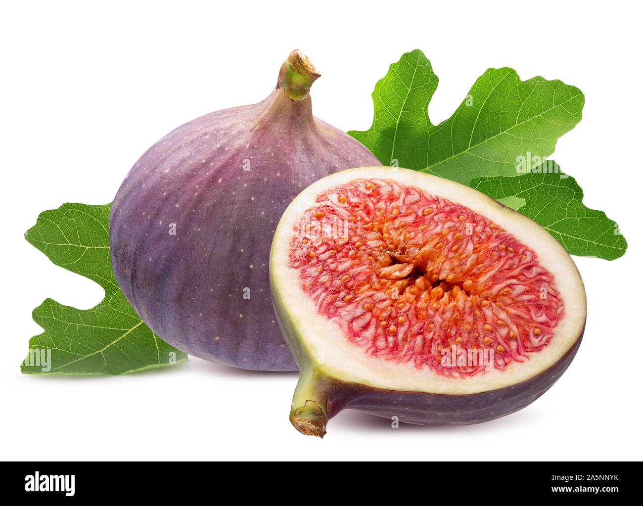 fig with half of fig and leaves isolated on a white background Stock ...