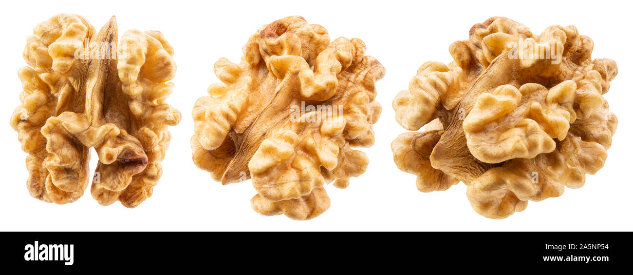 collection of walnuts without shell isolated on a white background ...