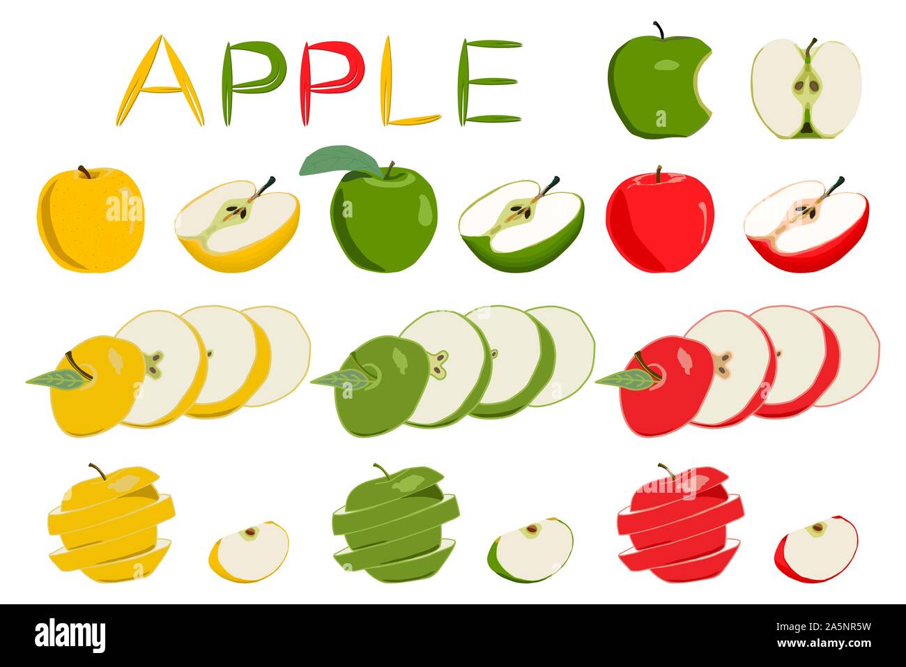 Illustration on theme big set different types round apples, harvest ...