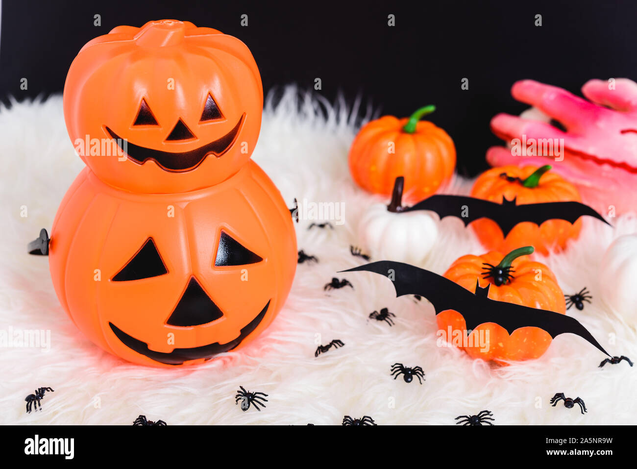Pumpkin Jack creepy, spider and bat in photo, Halloween day concept on ...