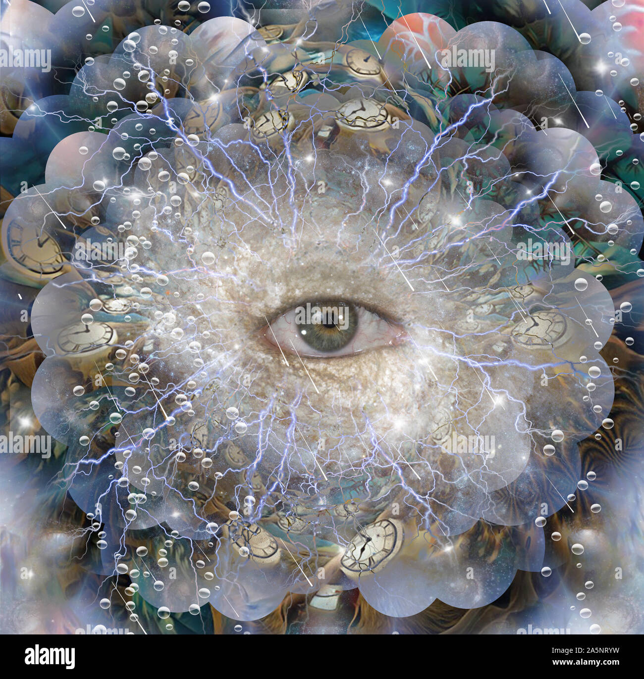 All seeing eye. Winged clocks represents flow of time Stock Photo - Alamy