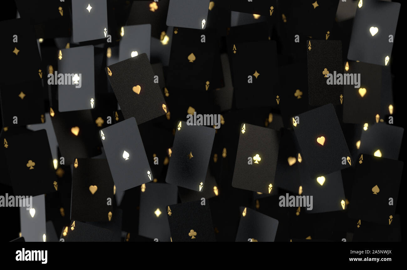 An array of reflective black casino ace cards with gold markings ...