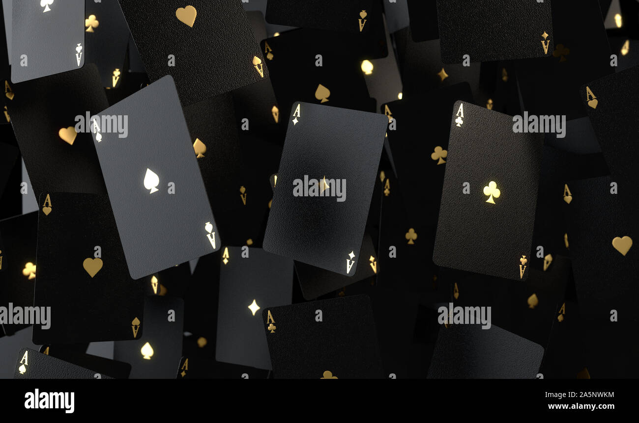 An array of reflective black casino ace cards with gold markings ...