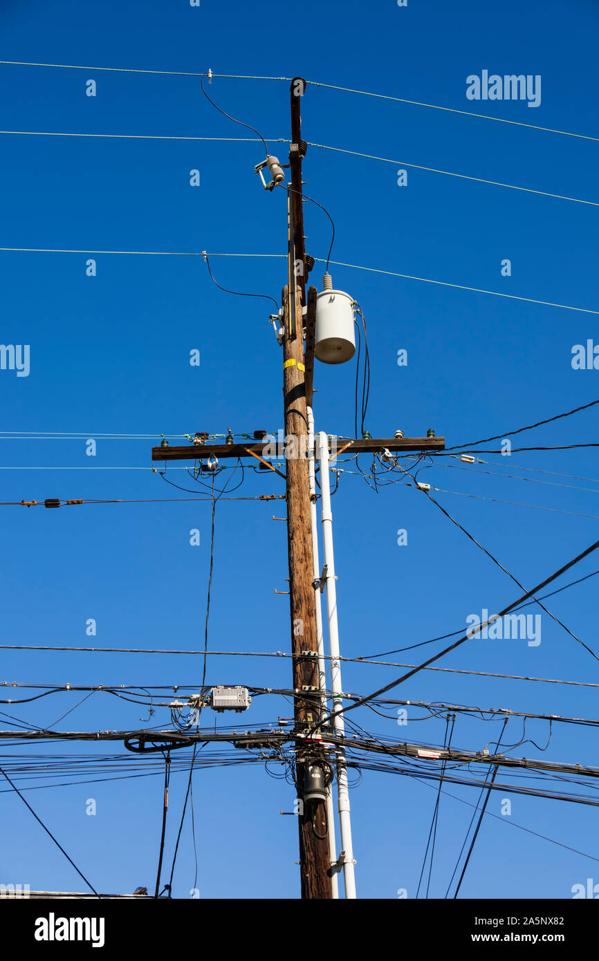 Overhead power lines on post, Santa Monica, Los Angeles, California ...