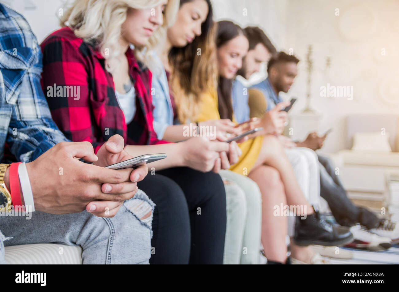 Group people mobile phone hands hi-res stock photography and images - Alamy