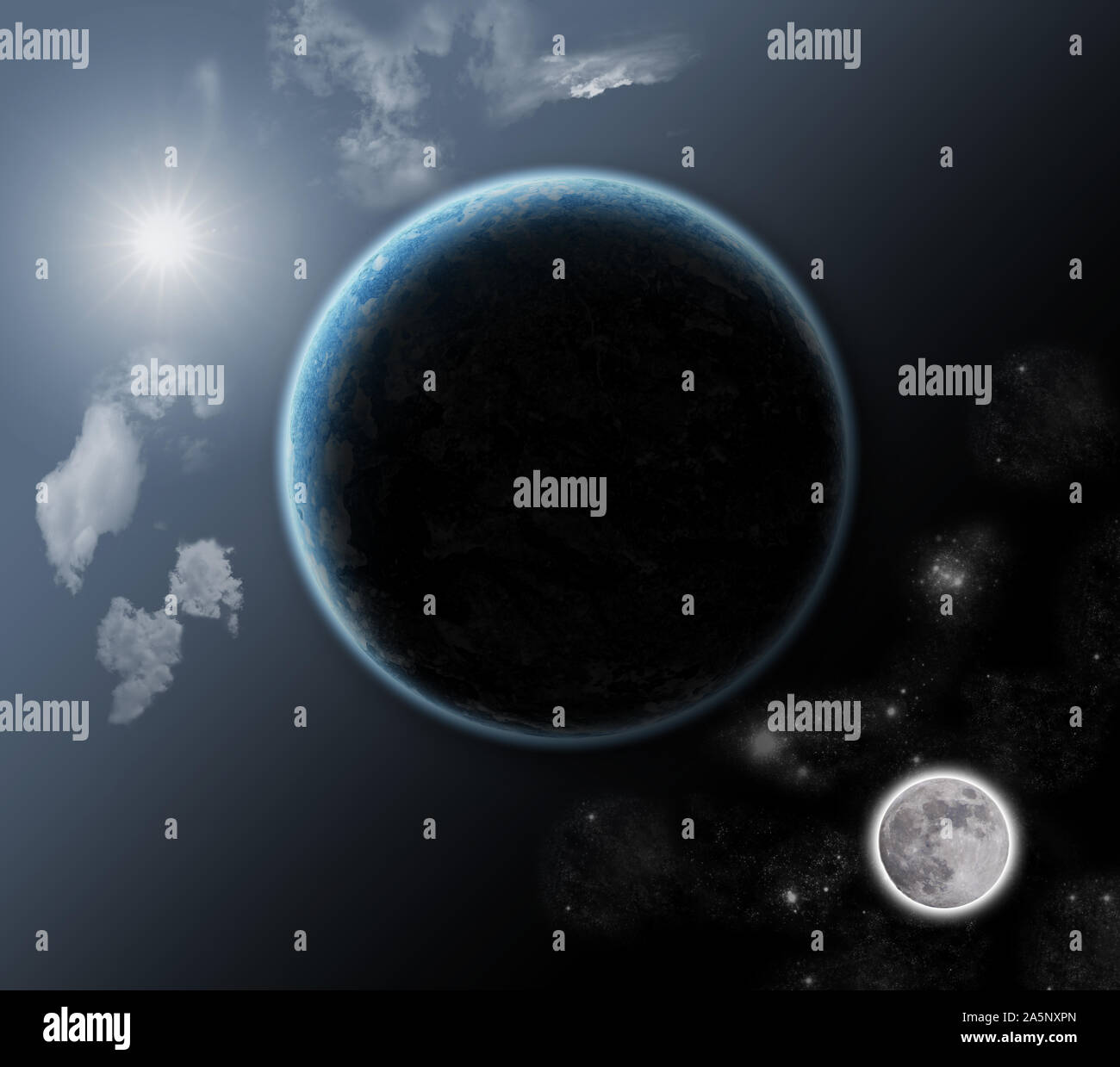 Solar system, the galaxy, with stars clouds moon and sun Stock Photo ...