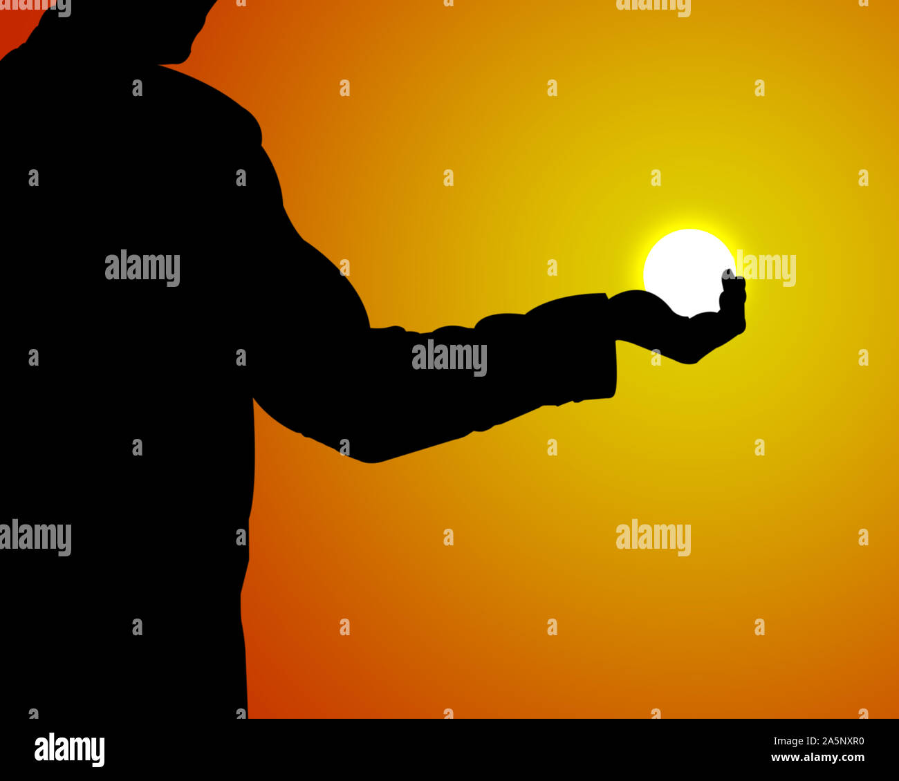 Hand holding the sun on sunset background Stock Photo - Alamy