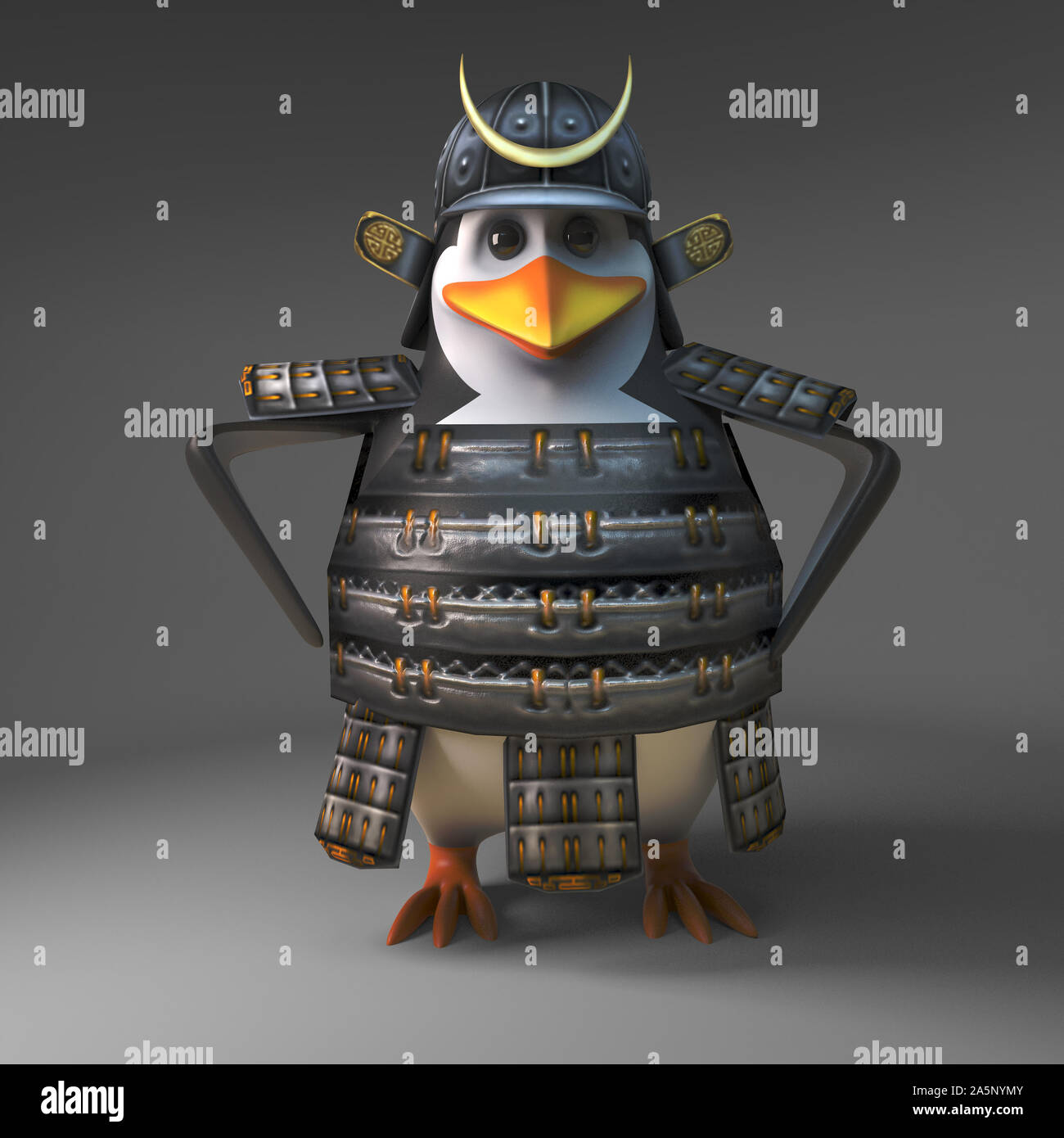 Casual 3d cartoon samurai penguin warrior with hands on hips, 3d ...