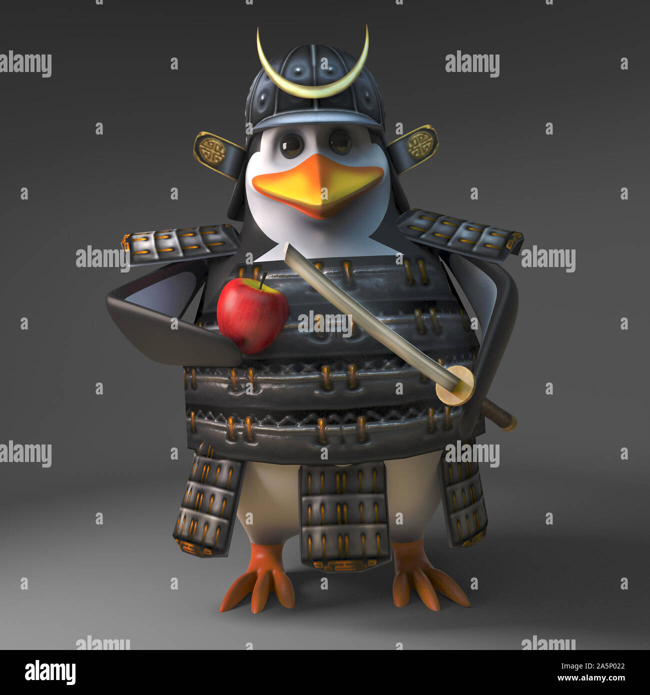 3d cartoon penguin samurai warrior slicing an apple with his mighty ...