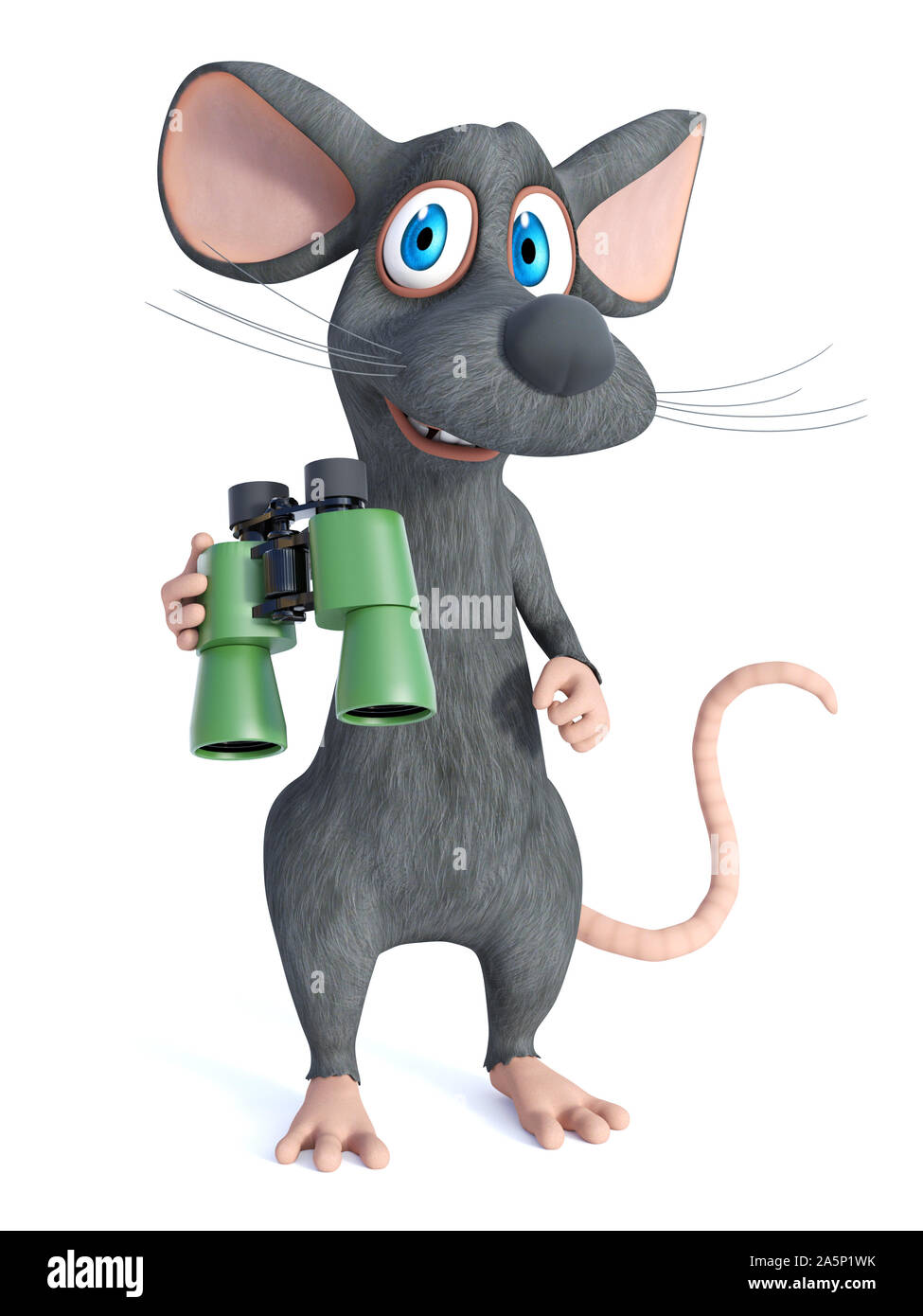 3D rendering of a cute smiling cartoon mouse holding binoculars. White ...