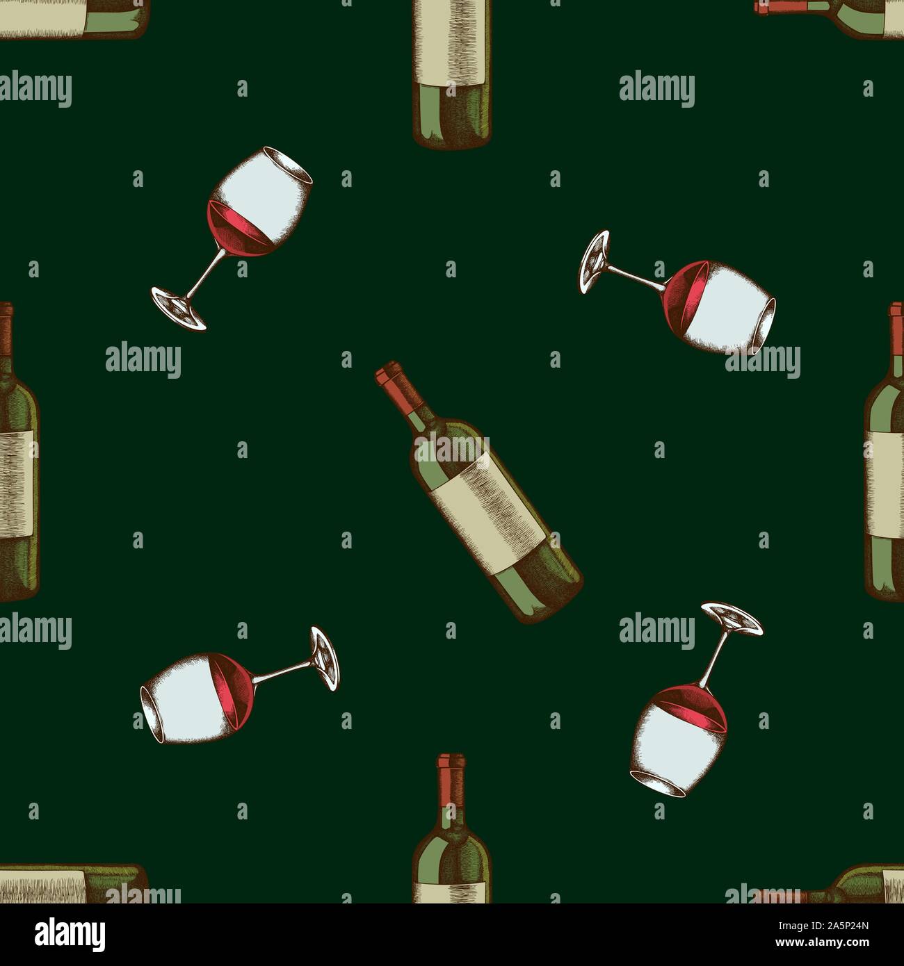 Seamless pattern with hand drawn colored bottle of wine, glass of wine ...