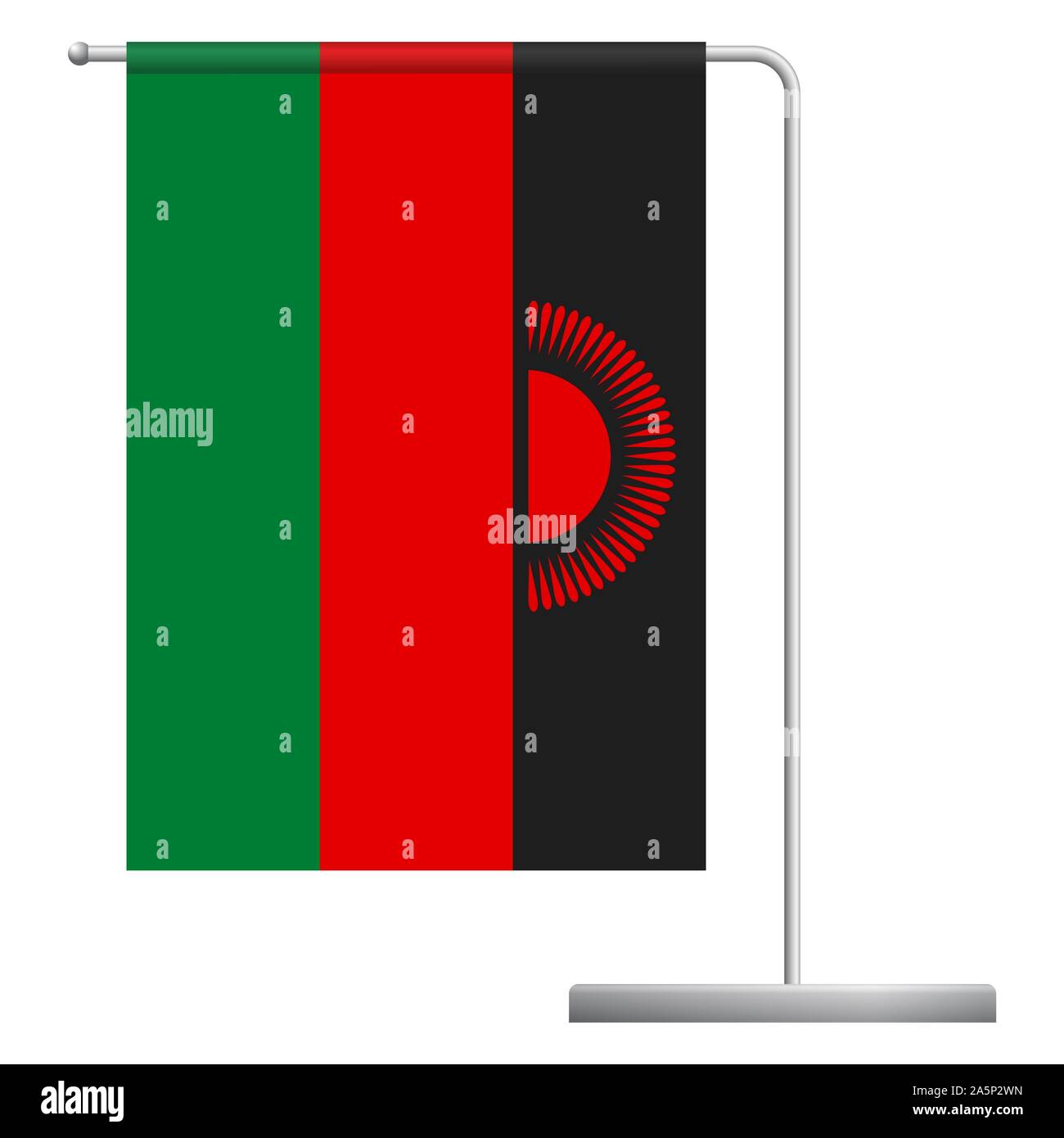 Malawi table flag. Metal flagpole. National flag of Malawi illustration Stock Photo - Alamy