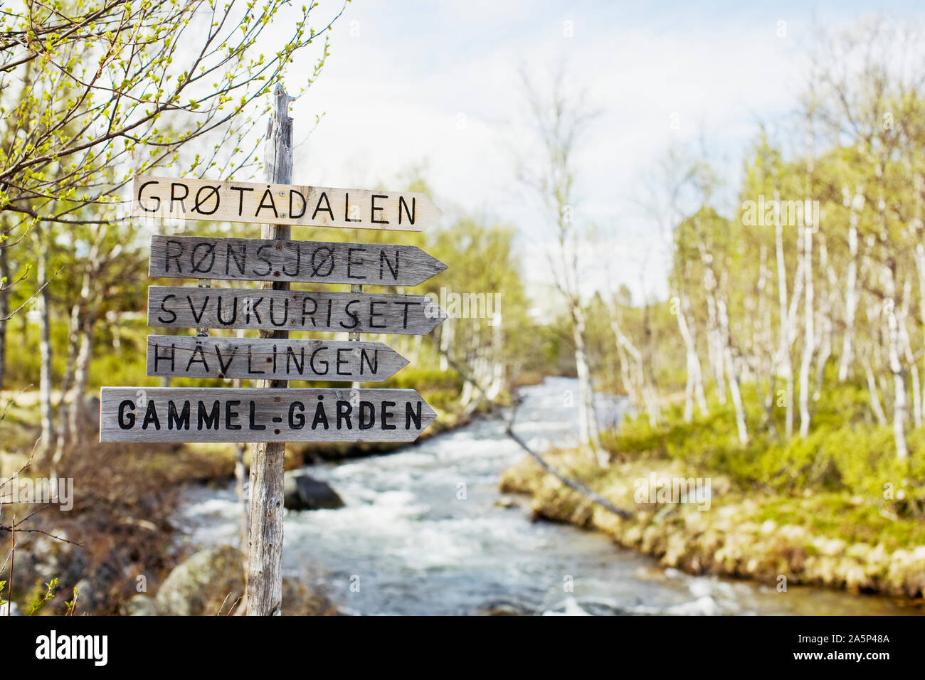 Wooden sign by river Stock Photo - Alamy