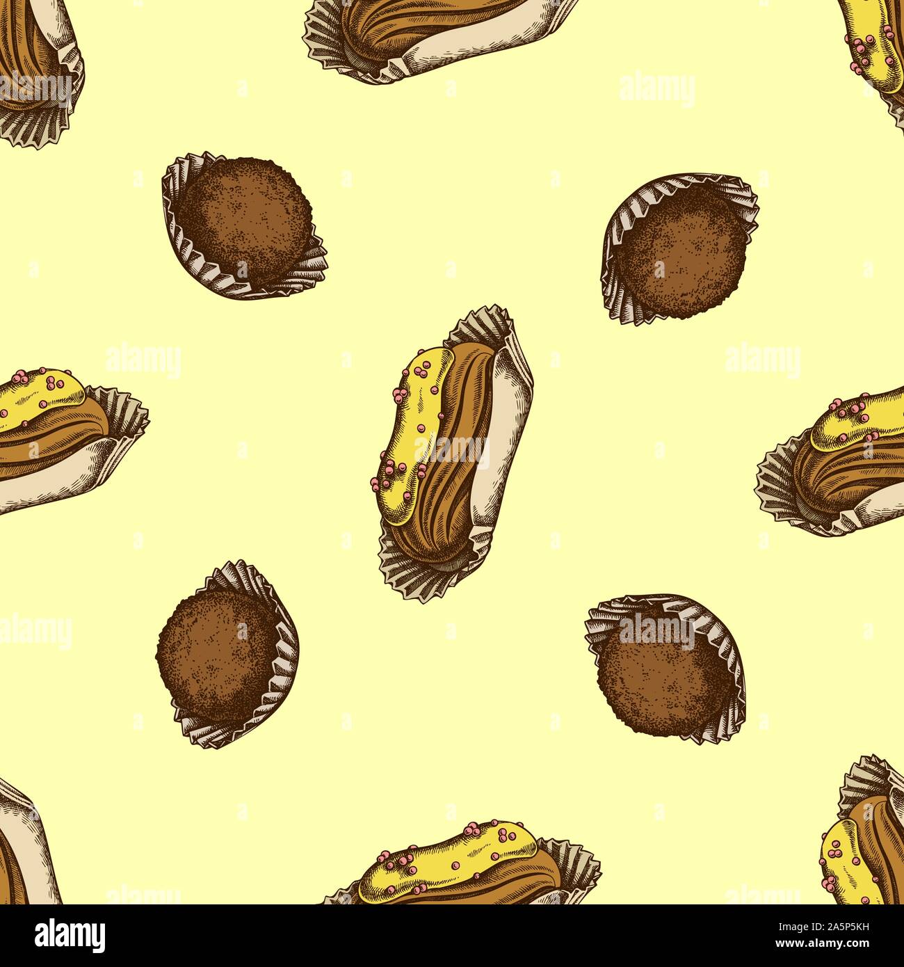 Seamless pattern with hand drawn colored eclair, truffle stock ...