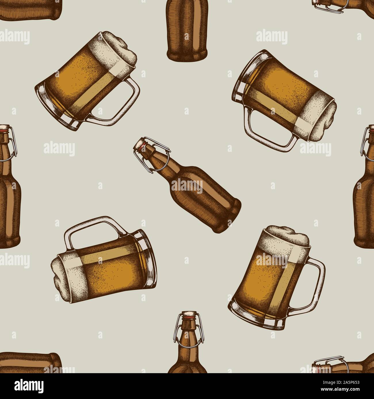 Seamless pattern with hand drawn colored mug of beer, bottles of beer ...