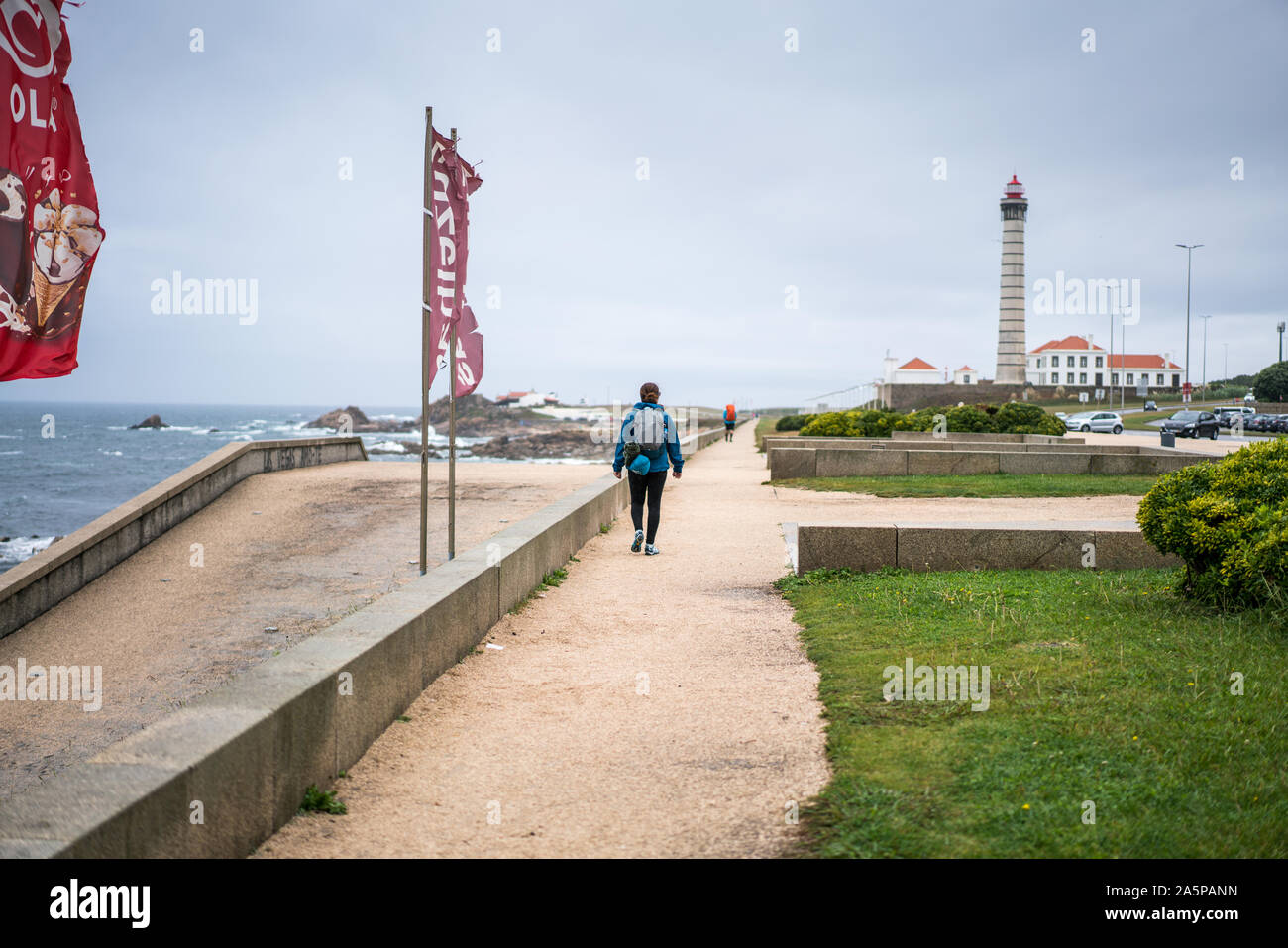 Pilgrim on the way along the ocean, Near of the Porto, Portugal. Camino ...
