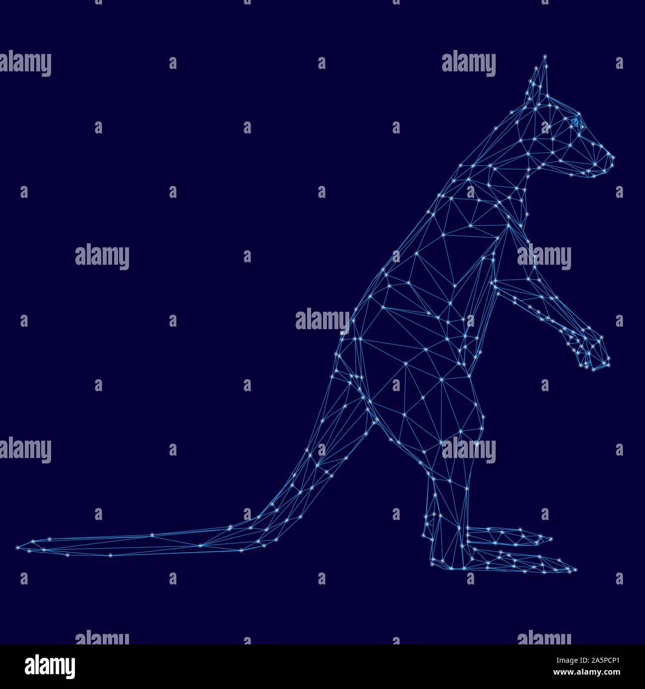 A kangaroo wireframe of blue lines on a dark background with luminous ...