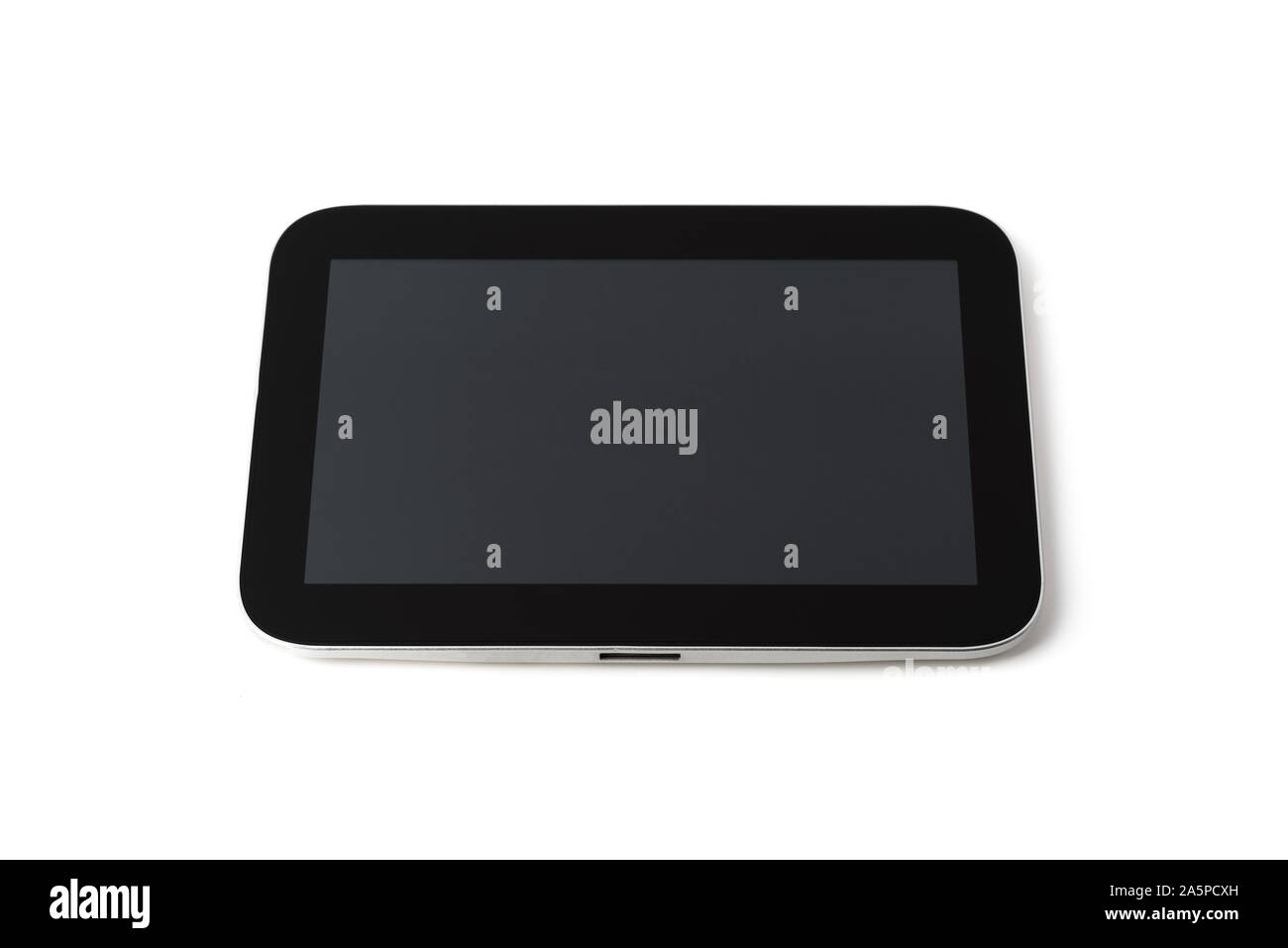 Tablet computer on white background, black frame, grey screen, isolated ...