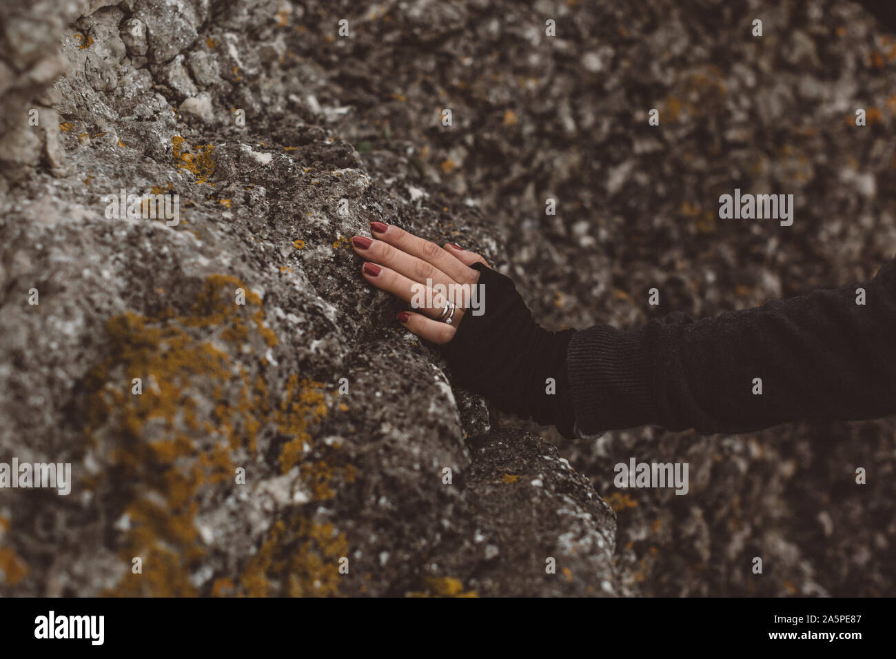 Female hand touching rocks Stock Photo - Alamy