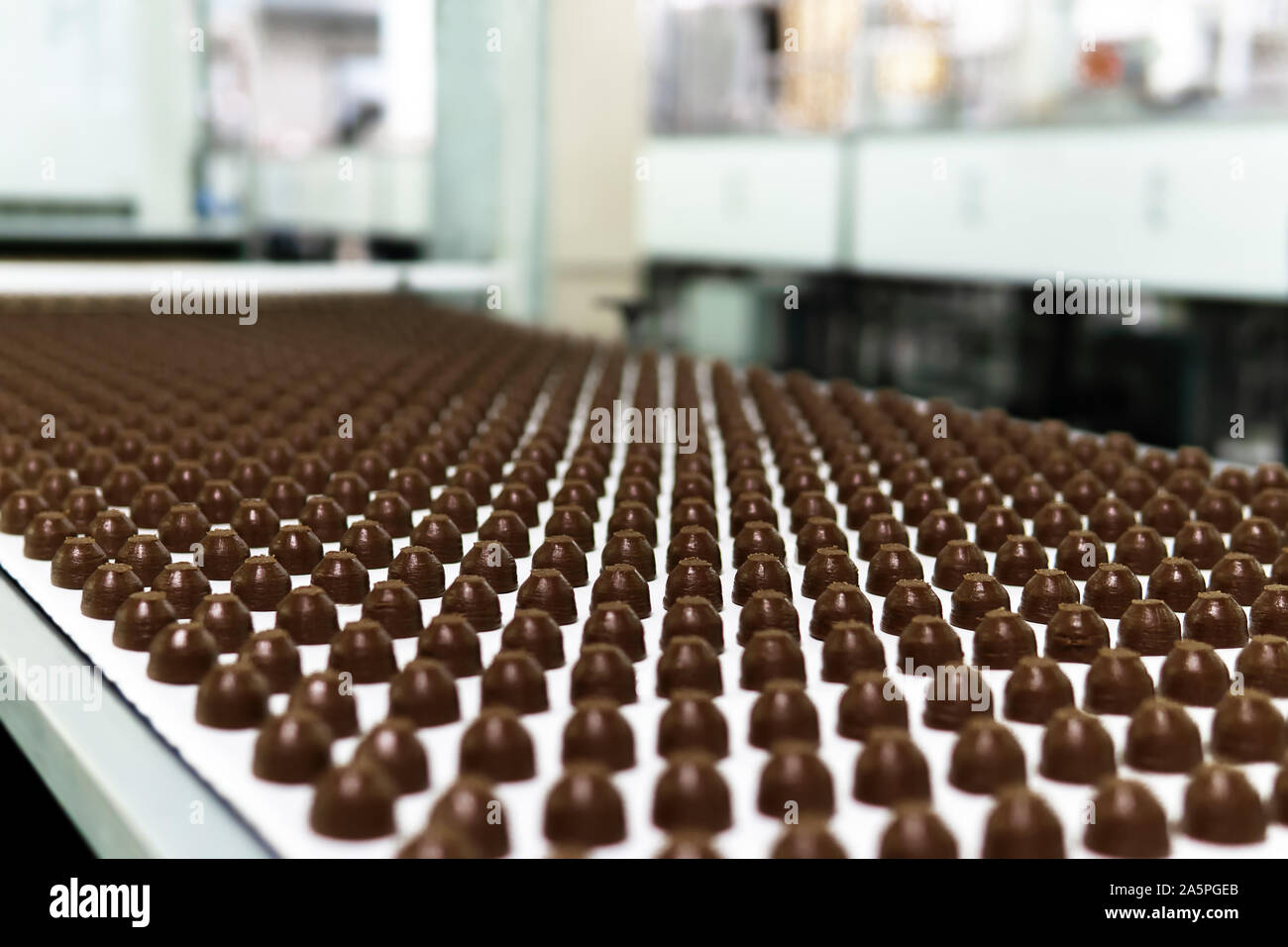 rows of toppings for chocolates manufactured by machine, on a conveyor ...