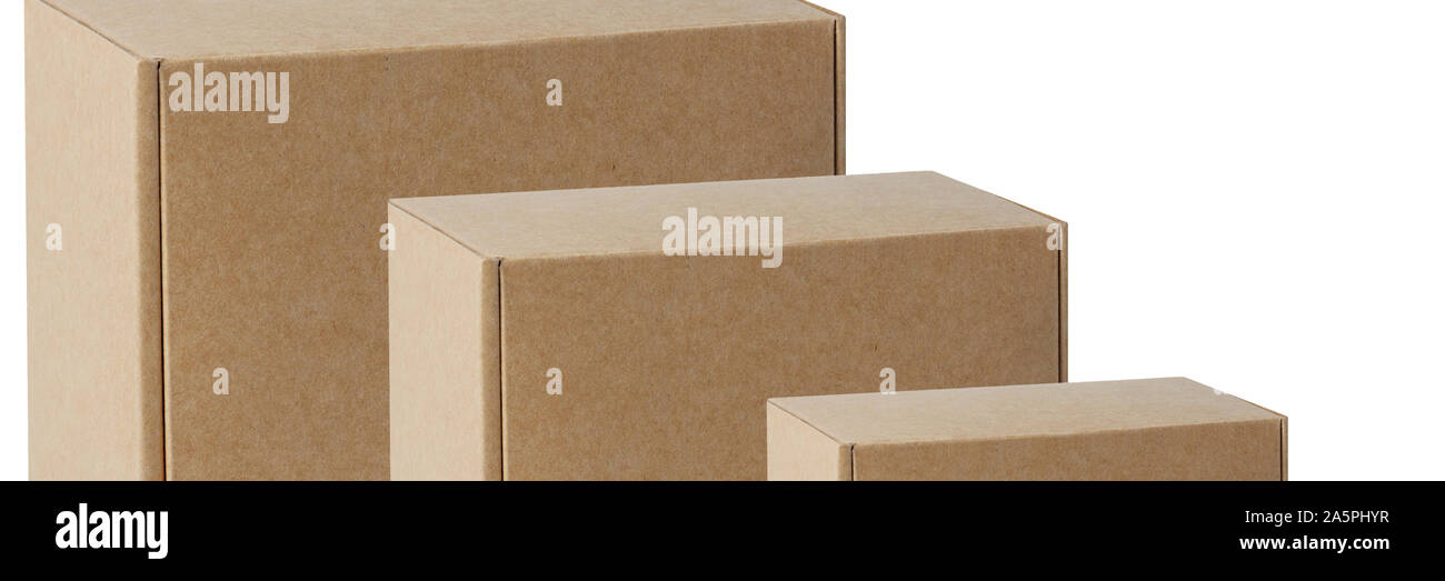 Cardboard boxes of various sizes are arranged in a row diagonally ...