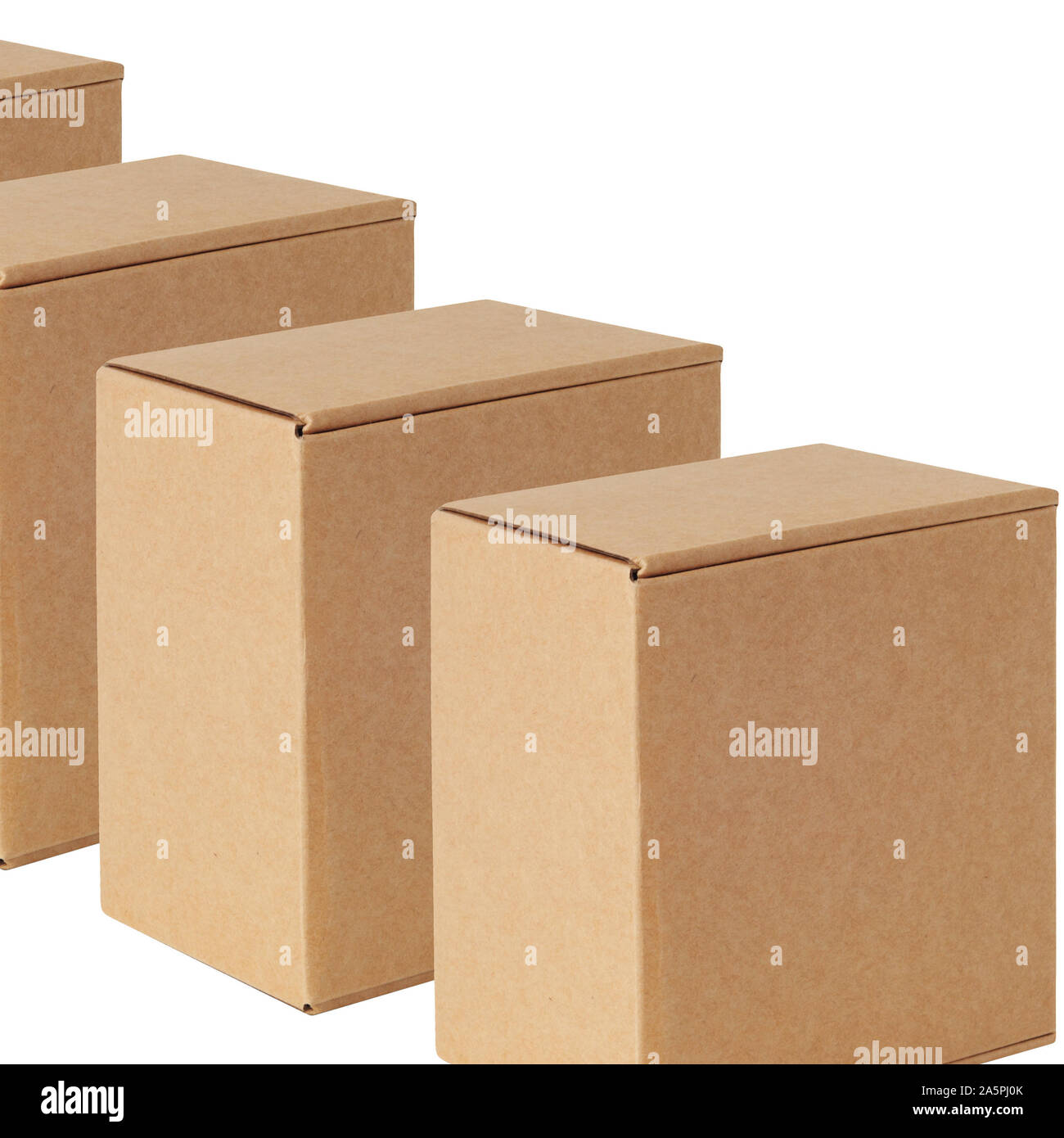 Cardboard boxes are the same located in a row diagonally. Isolated on a ...