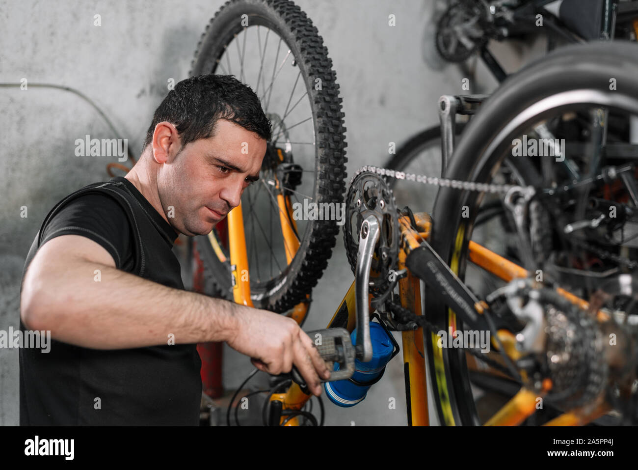 Bicycle mechanic in a workshop in the repair process Stock Photo - Alamy