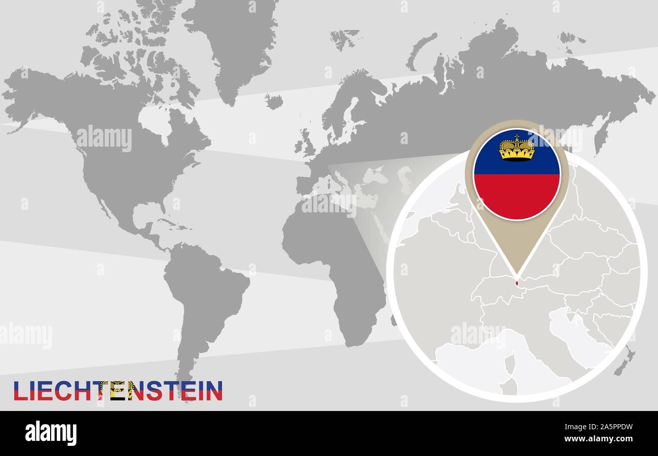 World map with magnified Liechtenstein. Liechtenstein flag and map Stock Vector Image & Art - Alamy