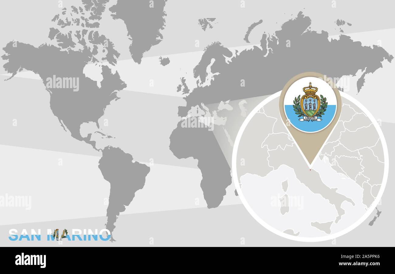 World map with magnified San Marino. San Marino flag and map Stock ...