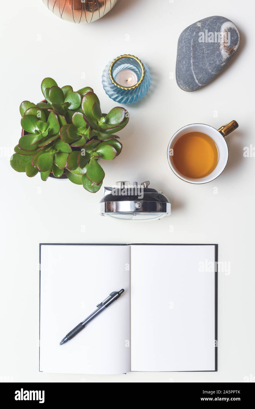 Calm and relaxing work area at desk in modern home interior flatlay ...