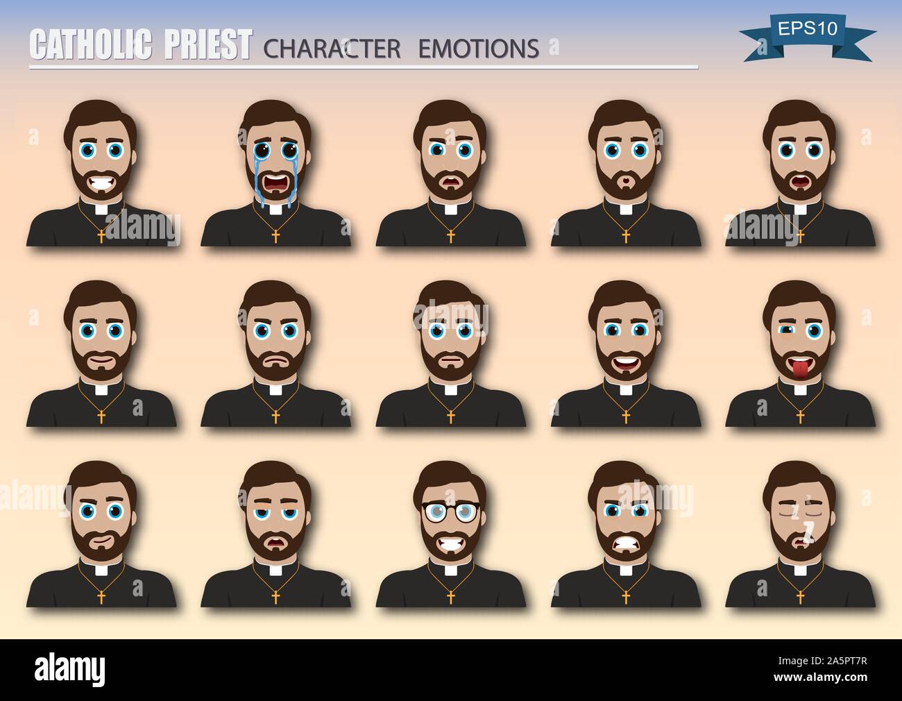 Set of catholic priest emoticons. Various emotions of the character ...